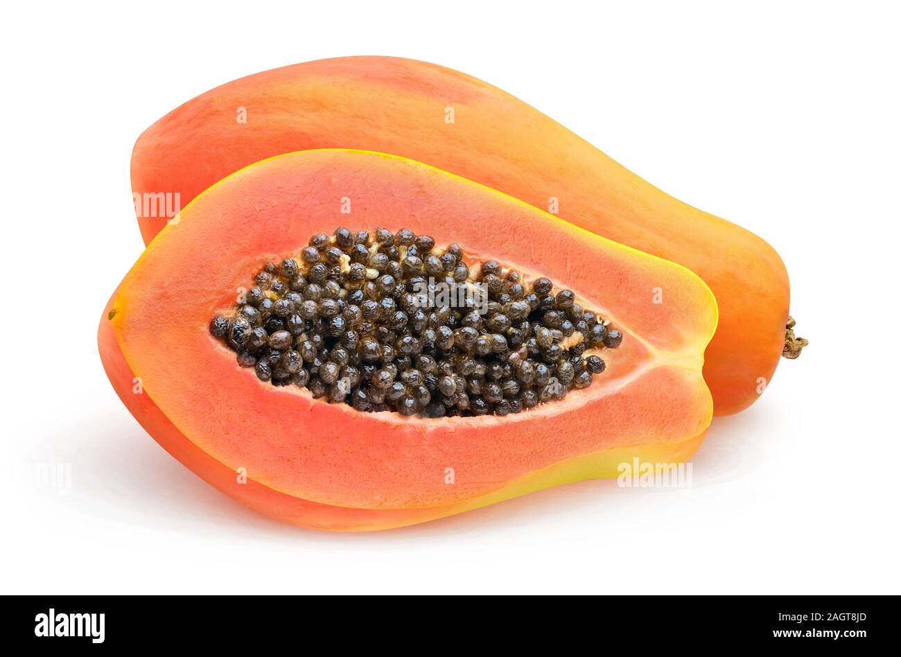 Isolated papaya. Fresh papaya fruit cut in halves isolated on white ...