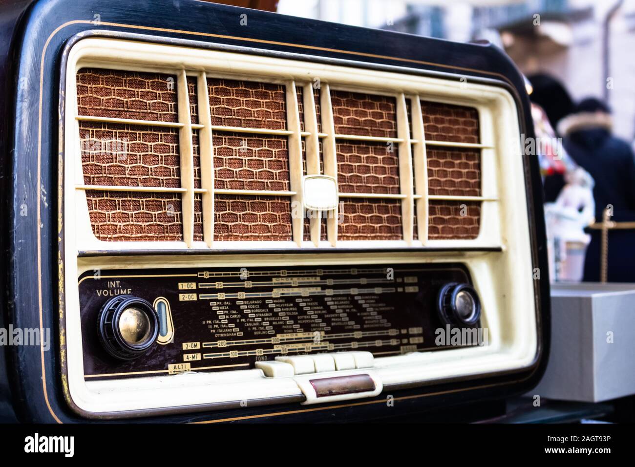 old wooden radio displayed on the counter of an antique market Stock ...