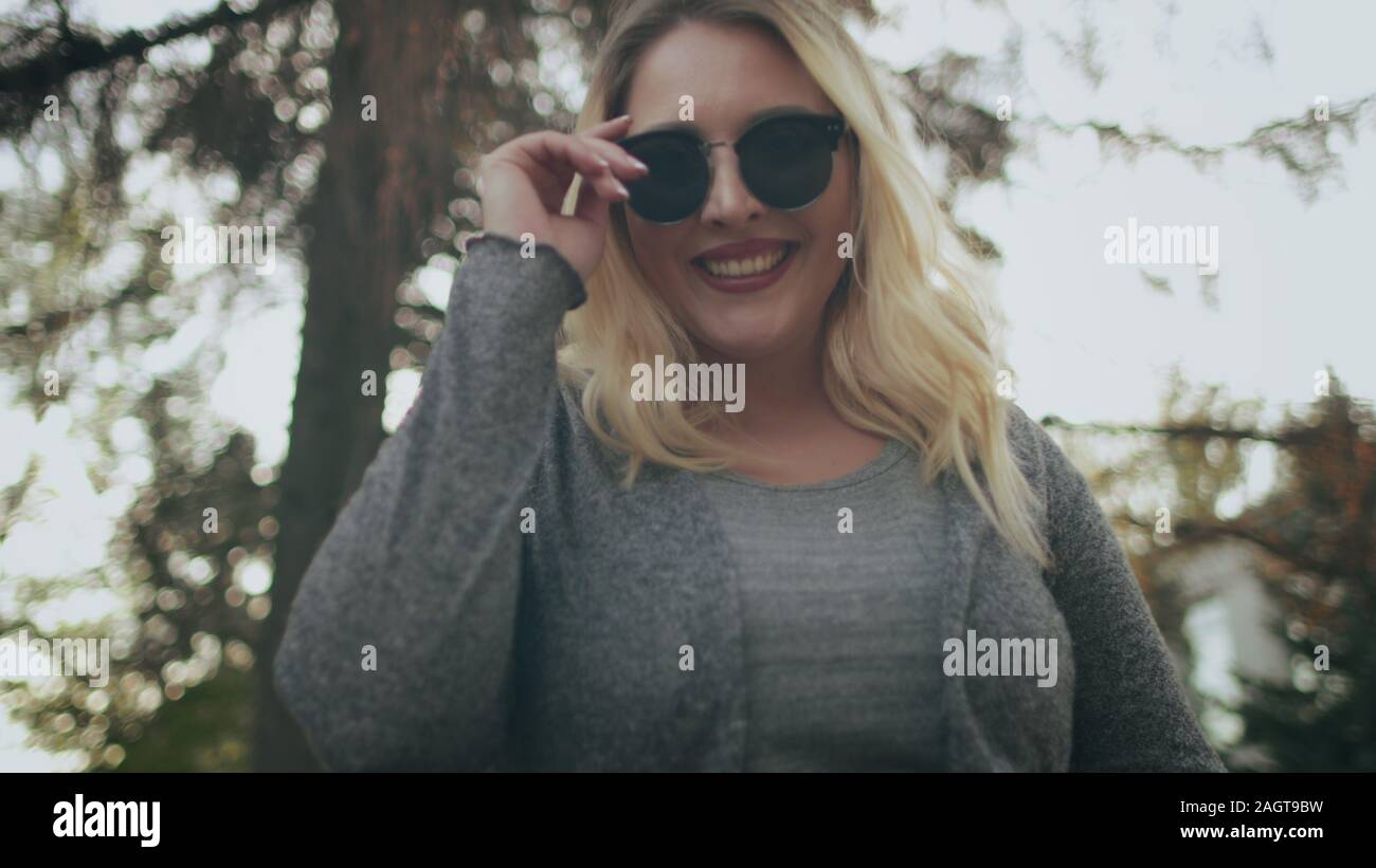 Blonde Woman Plus Size Wear Sunglasses Outside. Young Caucasian Girl ...