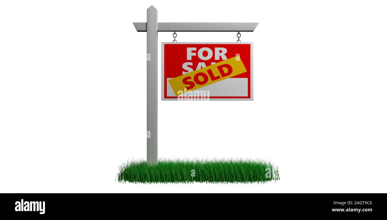 Sold sign over for sale sign on grass isolated cutout against white ...
