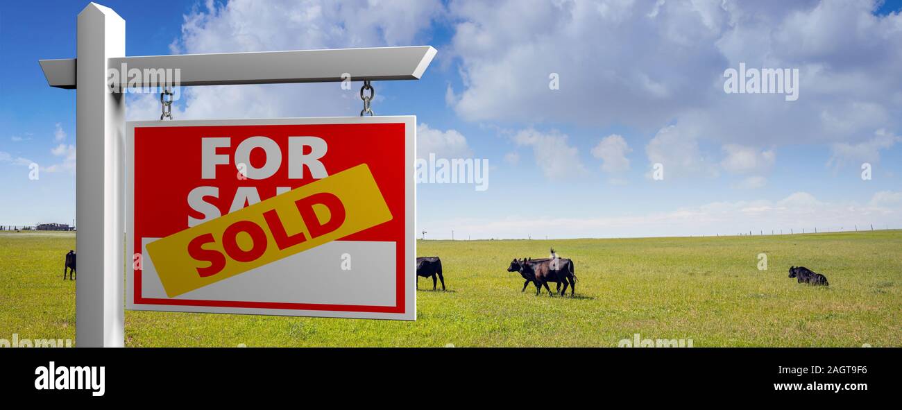 Land sold for sale sign against green farm meadow with cows background ...