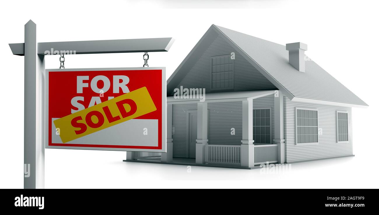 Sold house for sale, real estate concept. Sold sign and house model ...