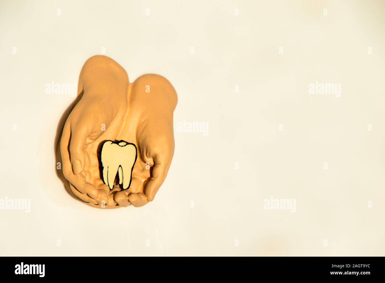A pair of cupped hands hold and care for a tooth, to signify looking ...