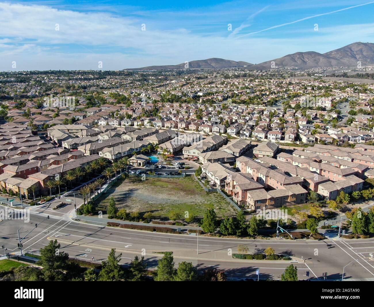 Aerial view of upper middle class neighborhood with identical ...
