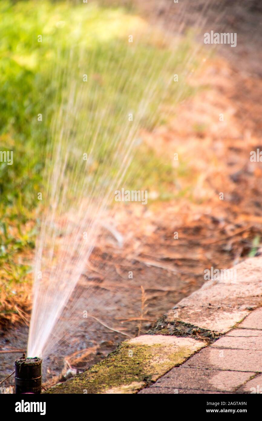 A water spray system jets out water to an area of grass to keep it ...