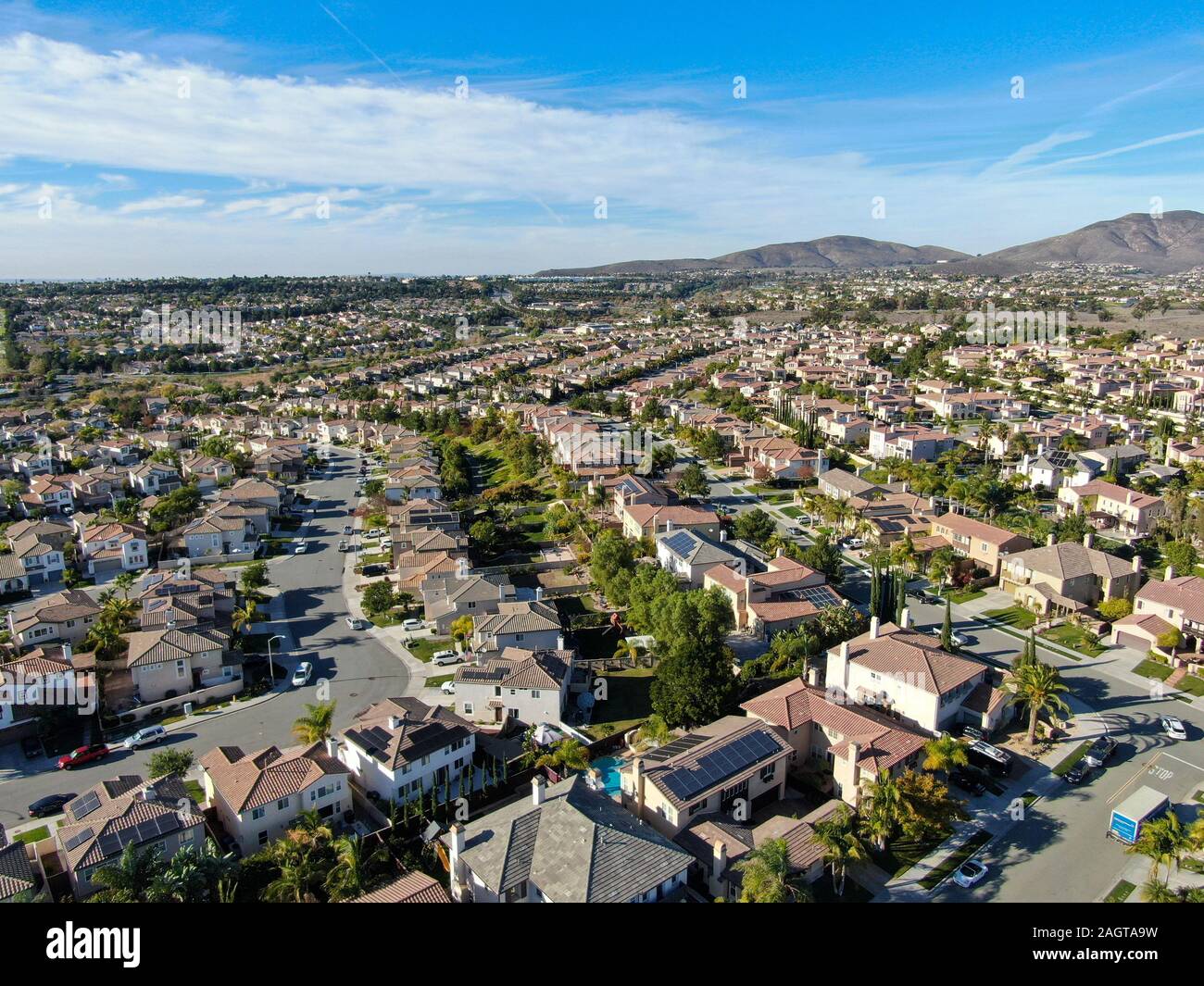 Aerial view of upper middle class neighborhood with identical ...