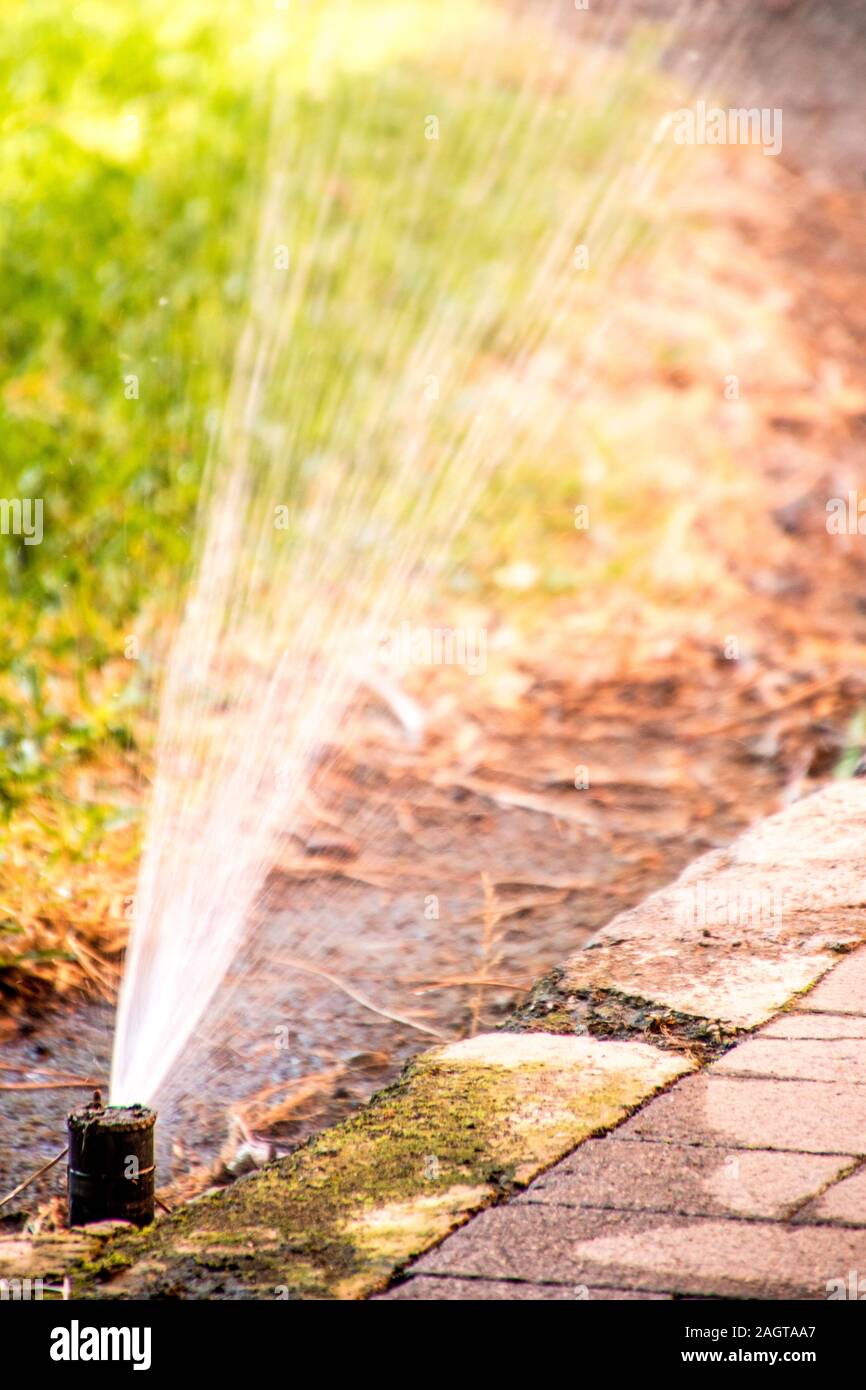A water spray system jets out water to an area of grass to keep it ...