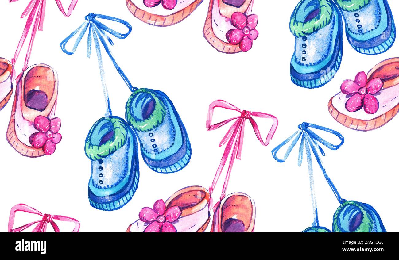 Pink and blue shoes hanging on lace, hand painted watercolor ...
