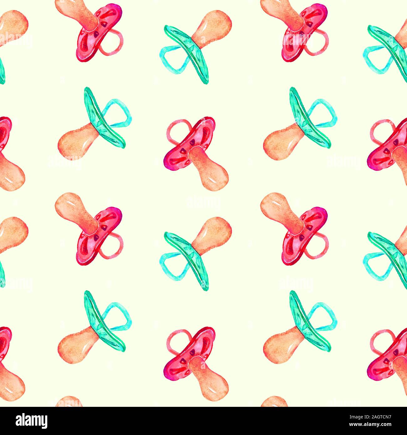 Red and green pacifers, hand painted watercolor illustration, seamless ...