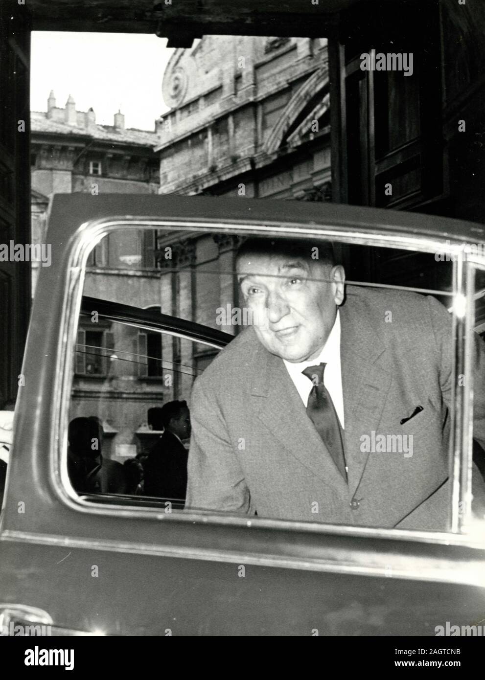 Italian politician minister Adone Zoli getting off the car, Rome, Italy ...