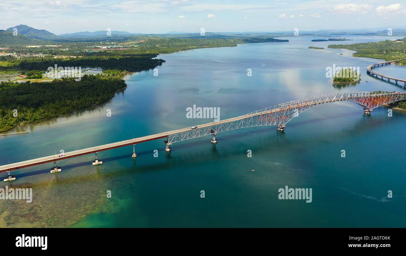 San Juanico Bridge connecting two islands in the Philippines. Road ...