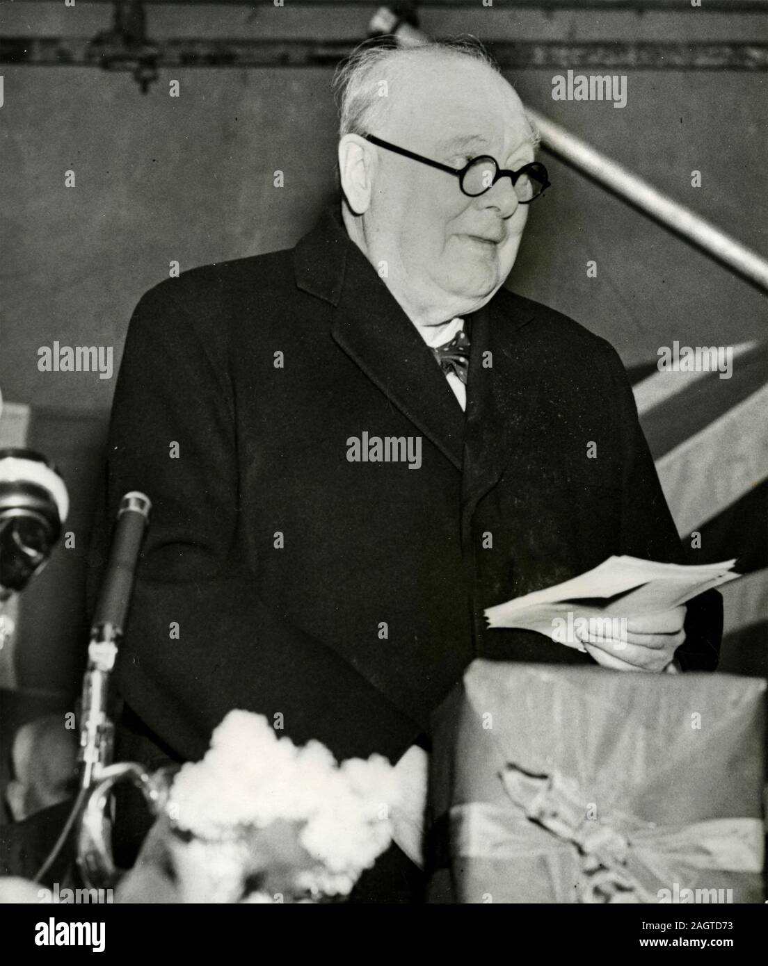UK Prime Minister Sir Winston Churchill speaking at an open-air meeting ...