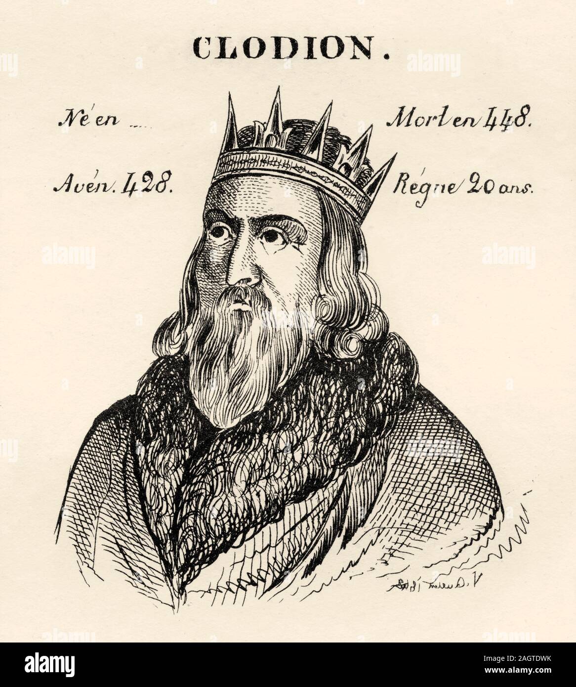 Portrait of Chlodio the Longhair or Clodion (392 - 448). 2nd King of ...