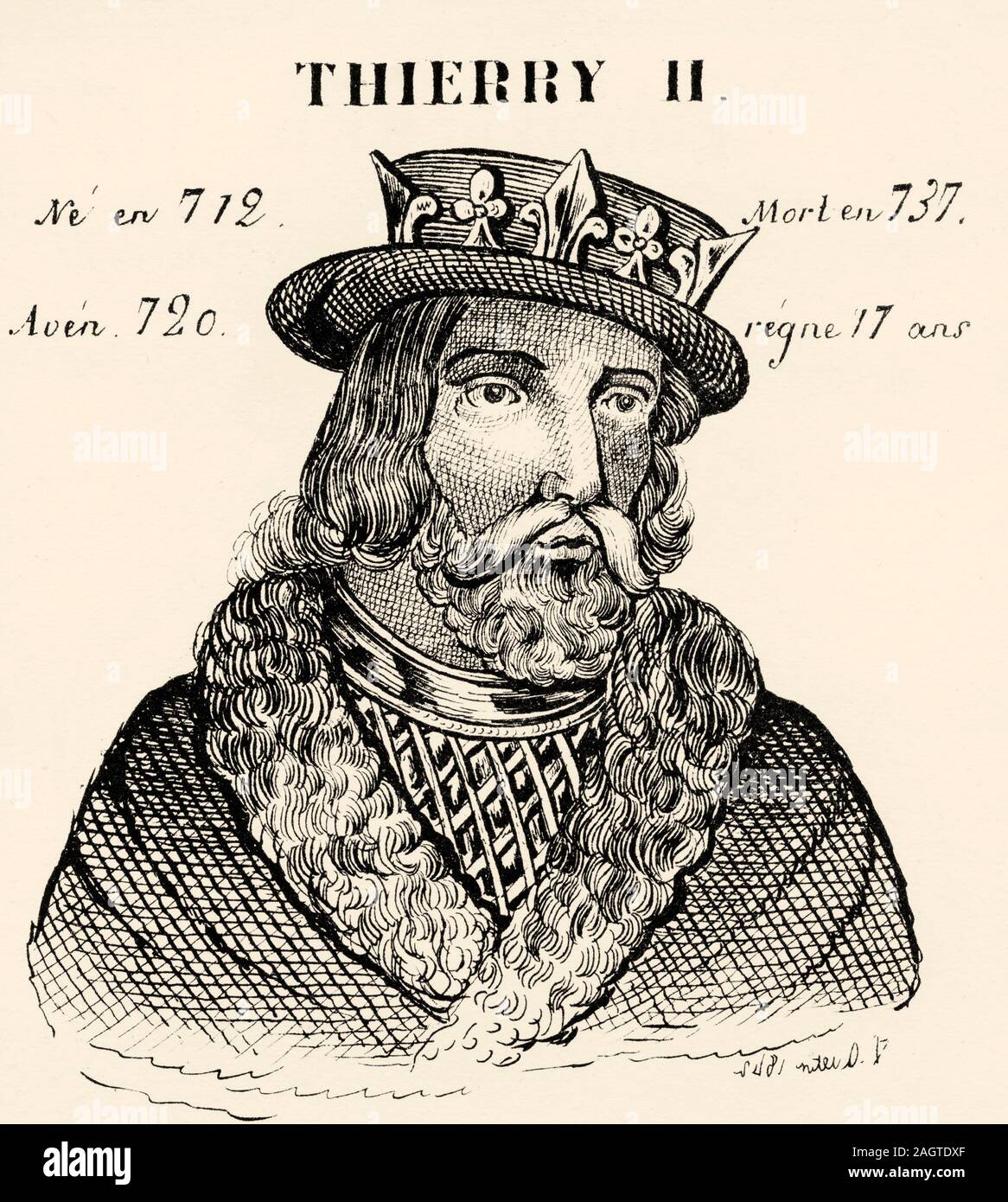 Portrait of Thierry II (712 - 737). King of France from 720 to 737 ...