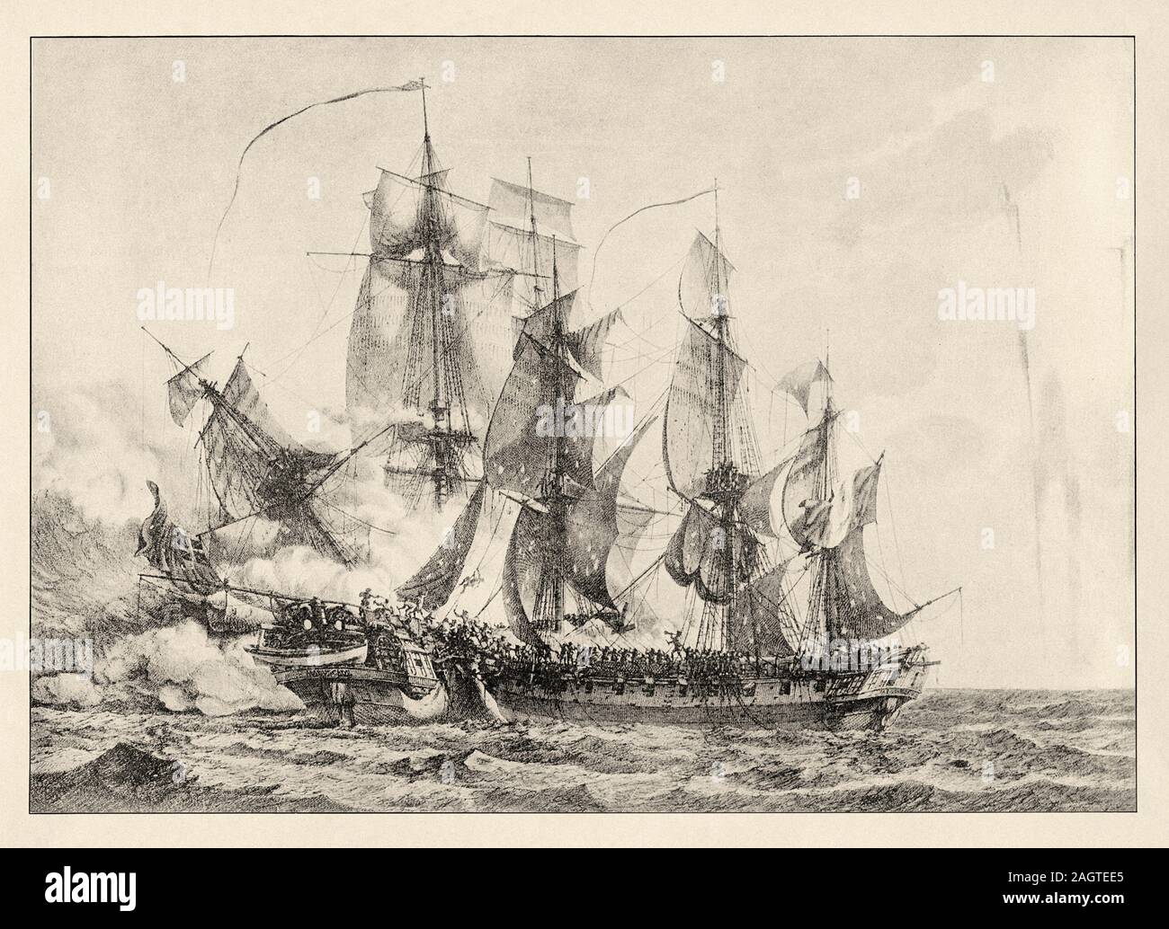 French corvette Bayonnaise boarding HMS Ambuscade during the Action of ...