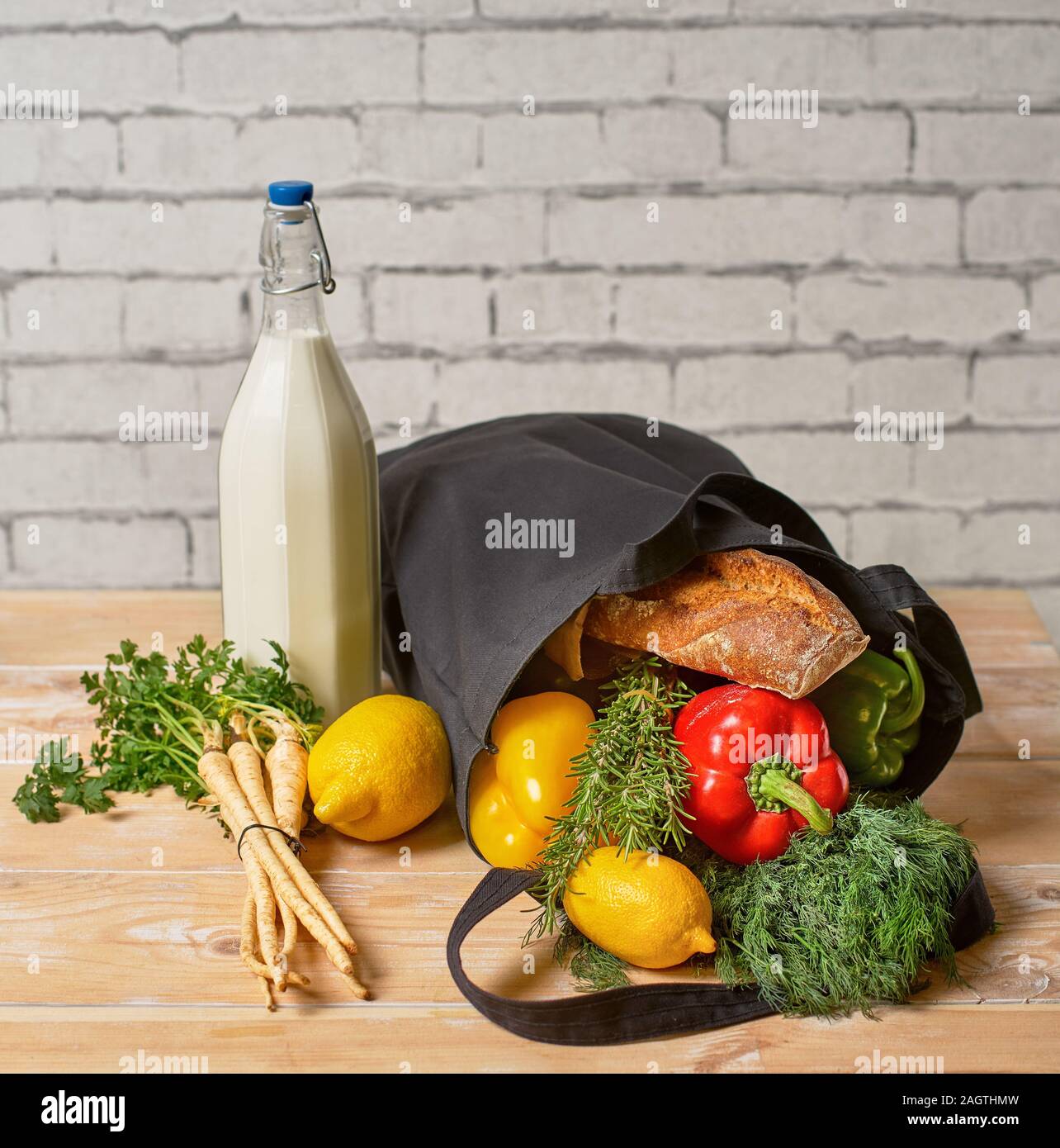 zero waste food shopping. eco natural bags with fruits and vegetables ...