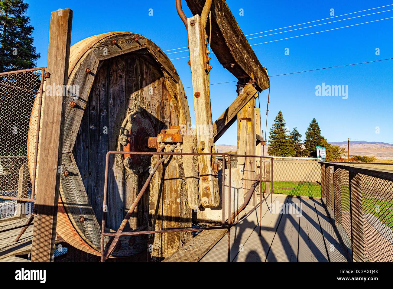 A wooden Walking Beam oil pump in Coalinga California. This unit saw ...