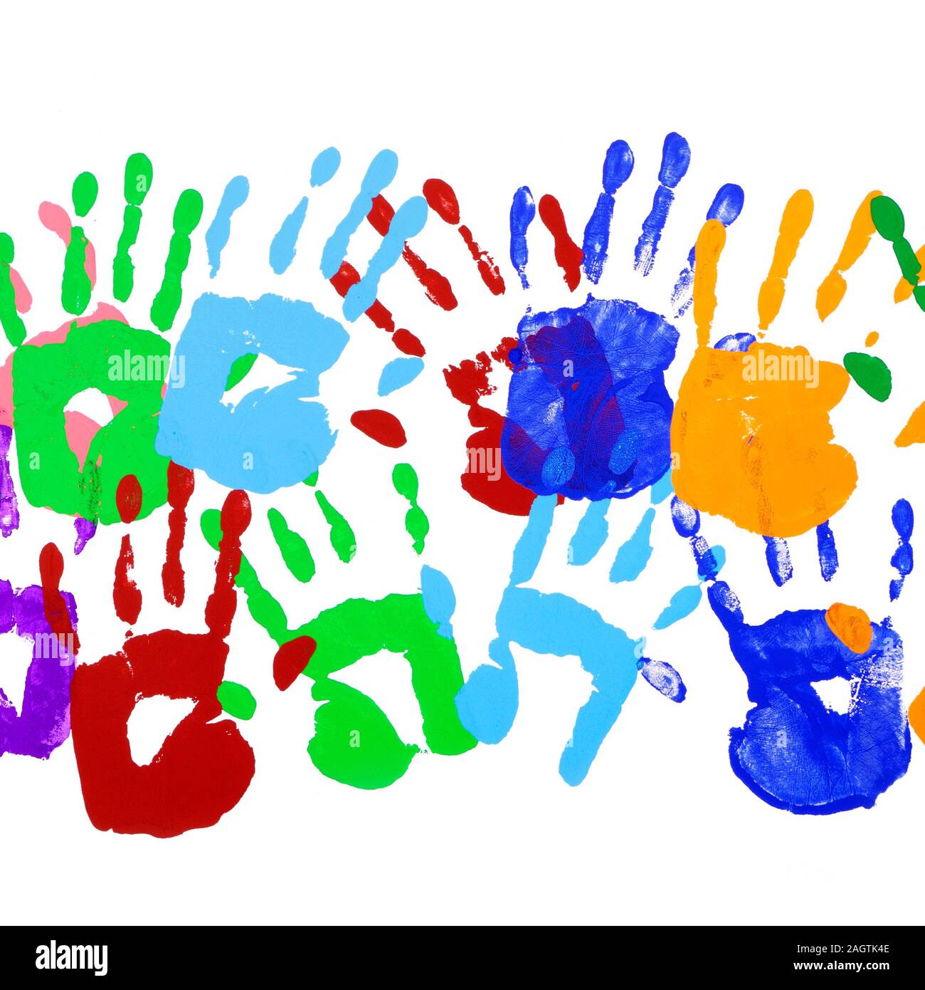 Multicolor handprints on a white background Stock Photo - Alamy