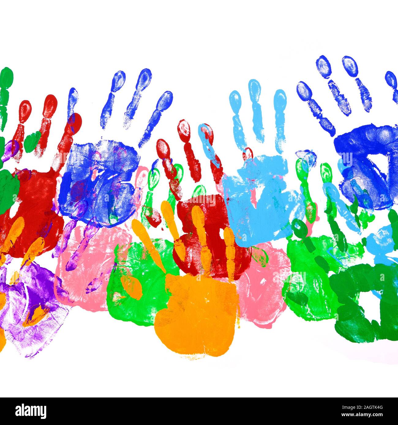 Multicolor handprints on a white background Stock Photo - Alamy