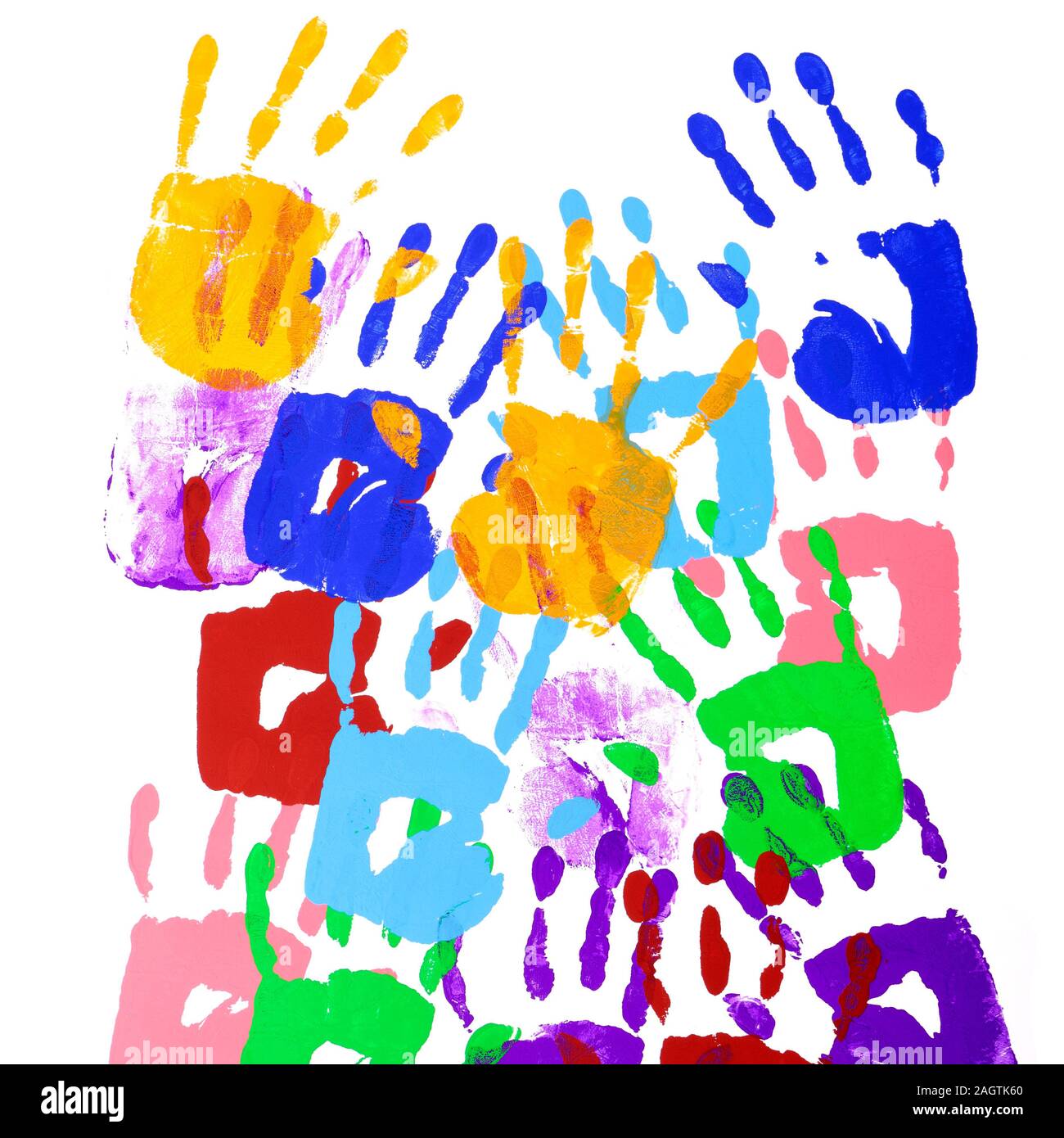 Multicolor handprints on a white background Stock Photo - Alamy