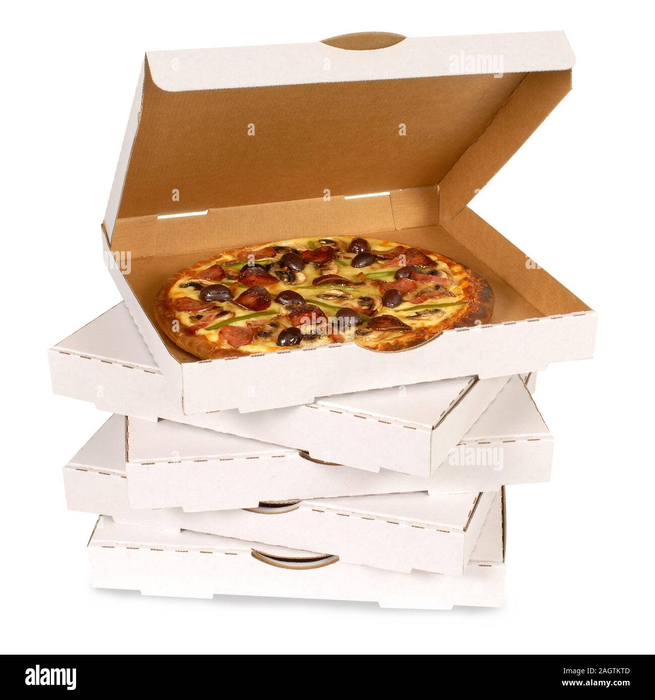 Freshly baked Italian pepperoni Pizza with a stack of delivery boxes ...