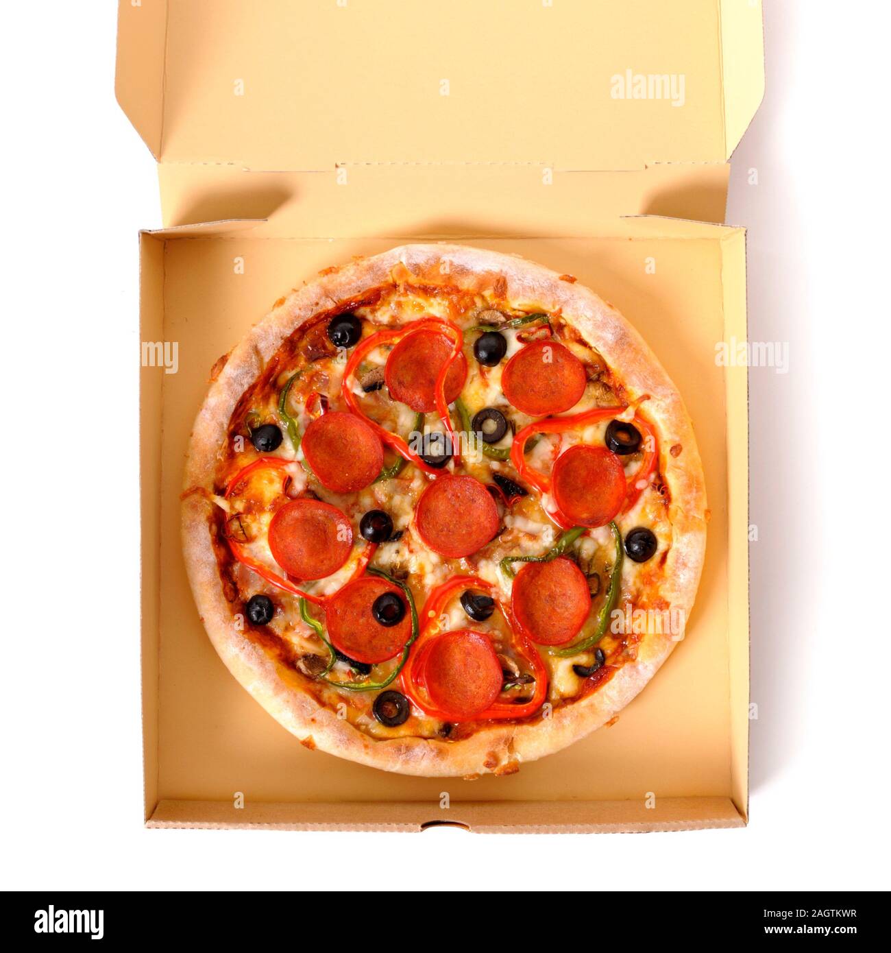 Freshly baked Italian pepperoni Pizza in an open delivery box isolated ...