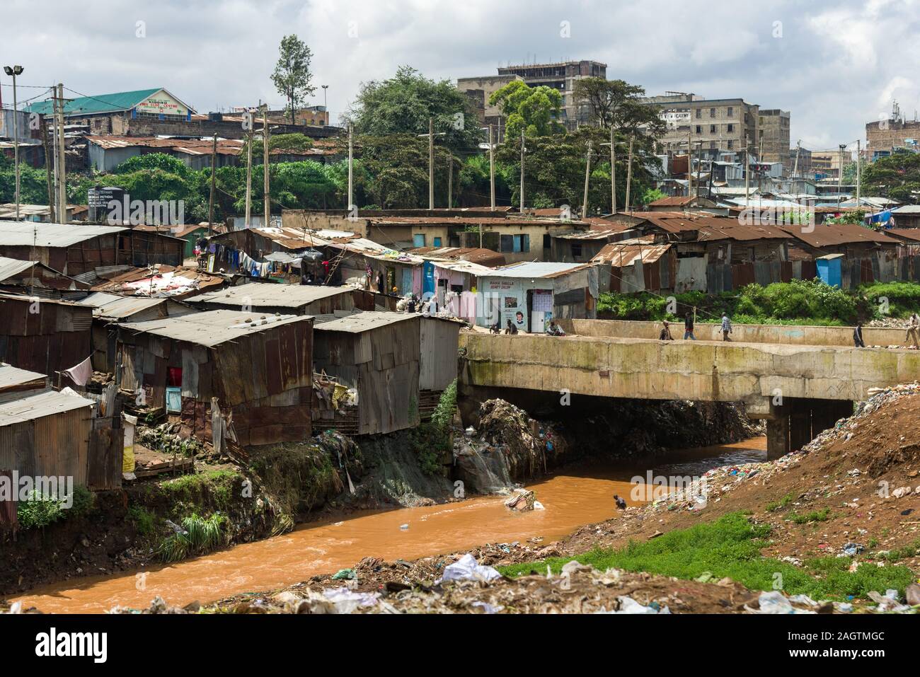 Mathare slum and river with residents going about daily life, Nairobi ...