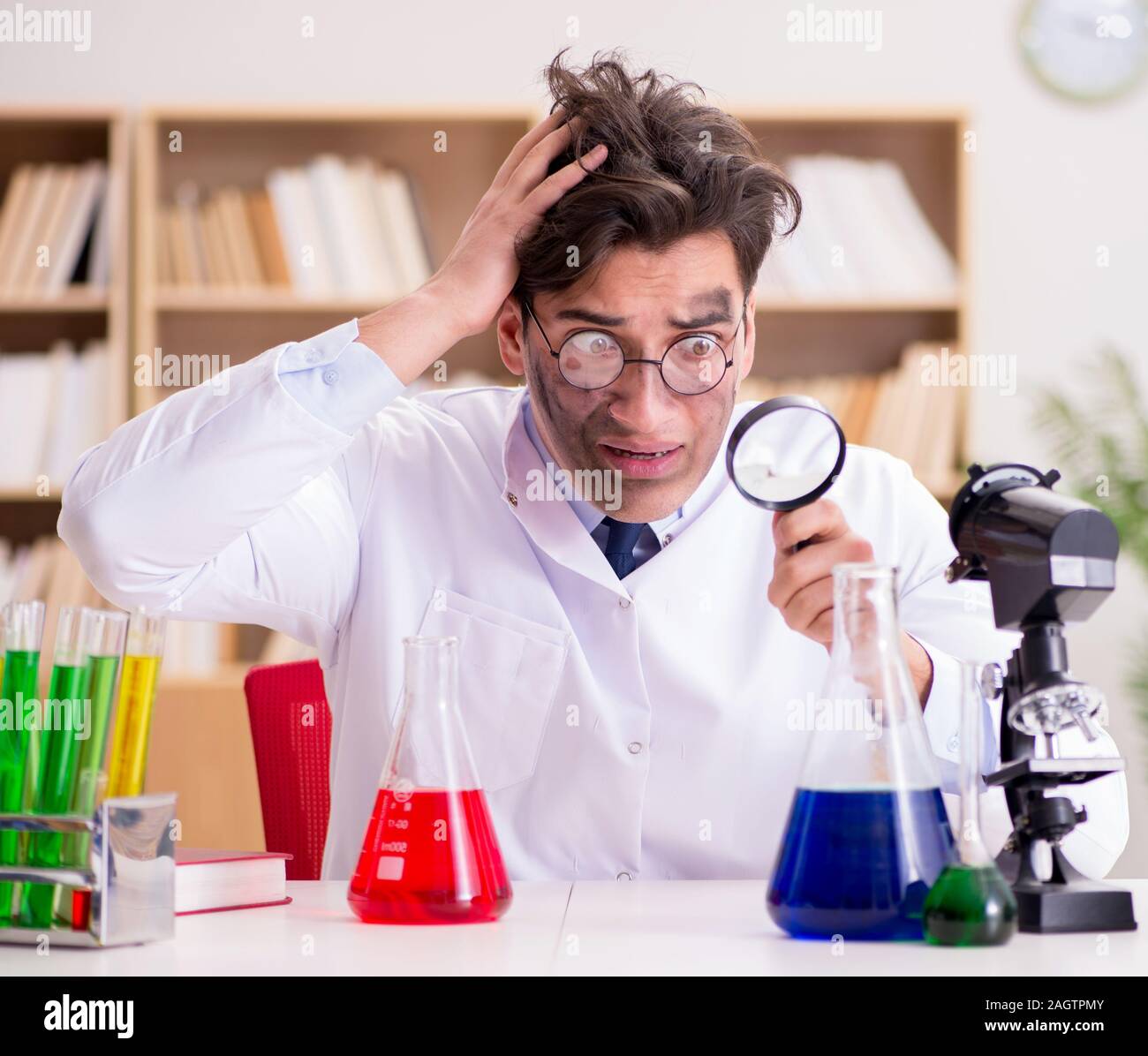 The mad crazy scientist doctor doing experiments in a laboratory Stock ...