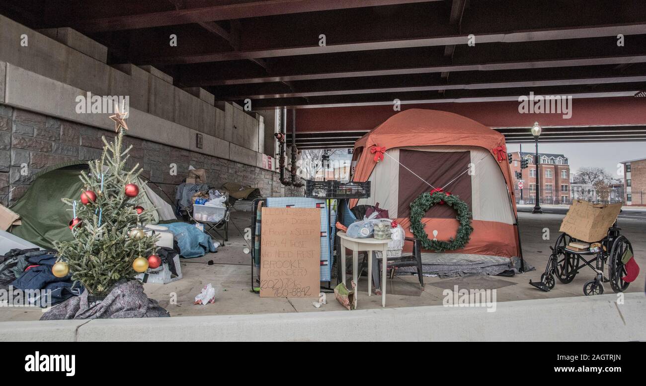 Washington DC, December 21 2019--A homeless encampment under a bridge ...
