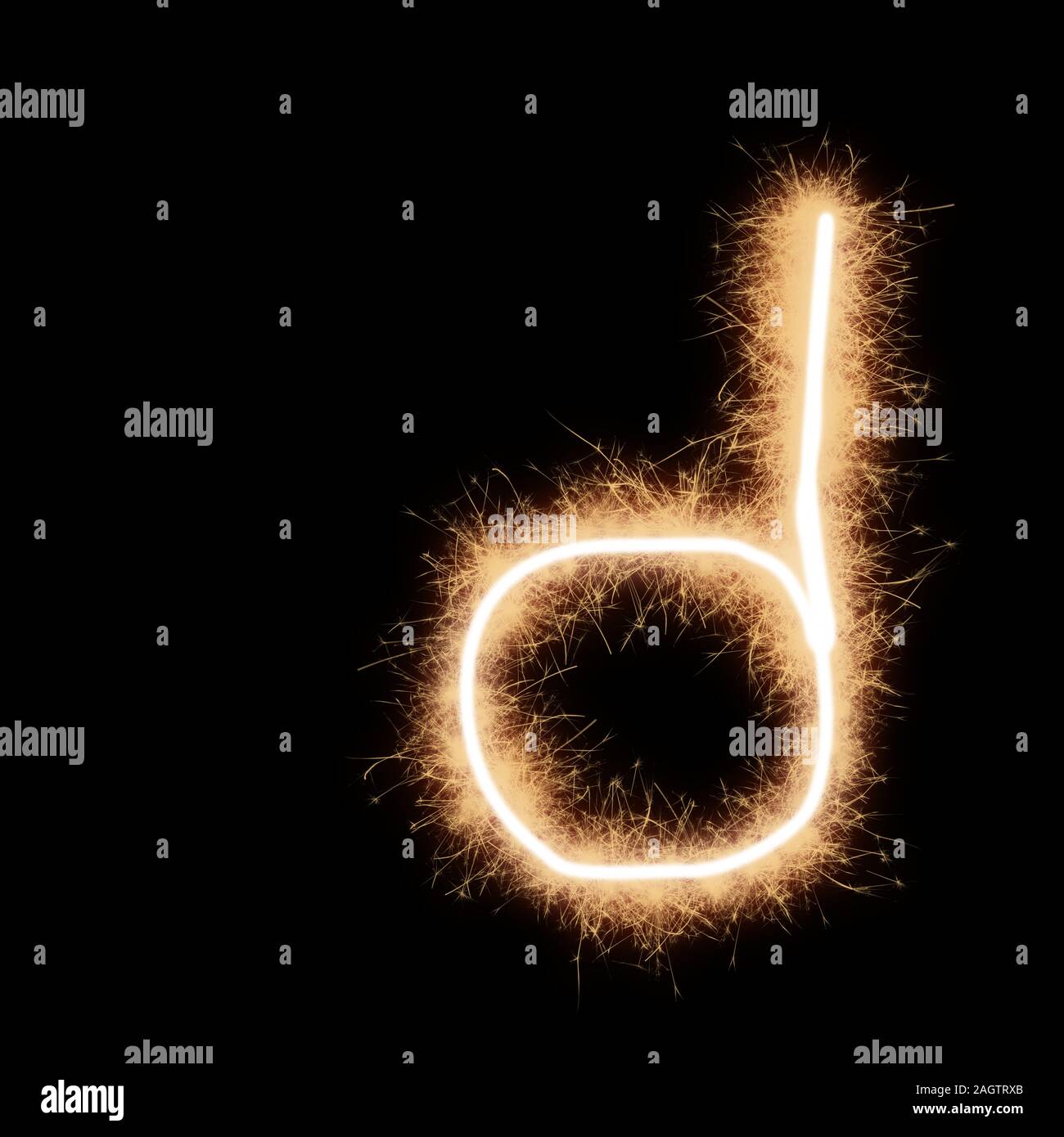 Lower case d letter of alphabet written by squib sparks on a black ...