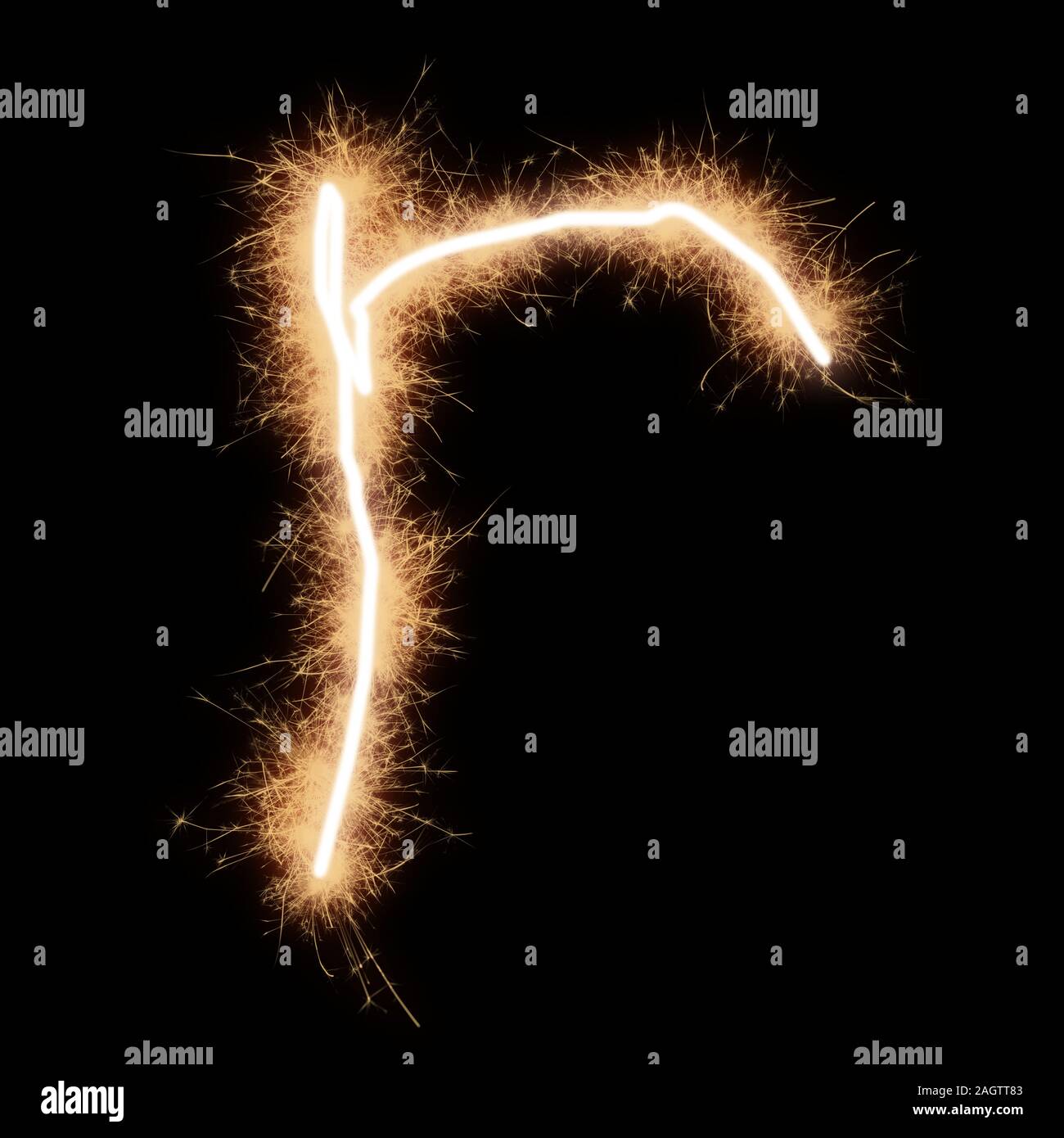 Lower case r letter of alphabet written by squib sparks on a black ...