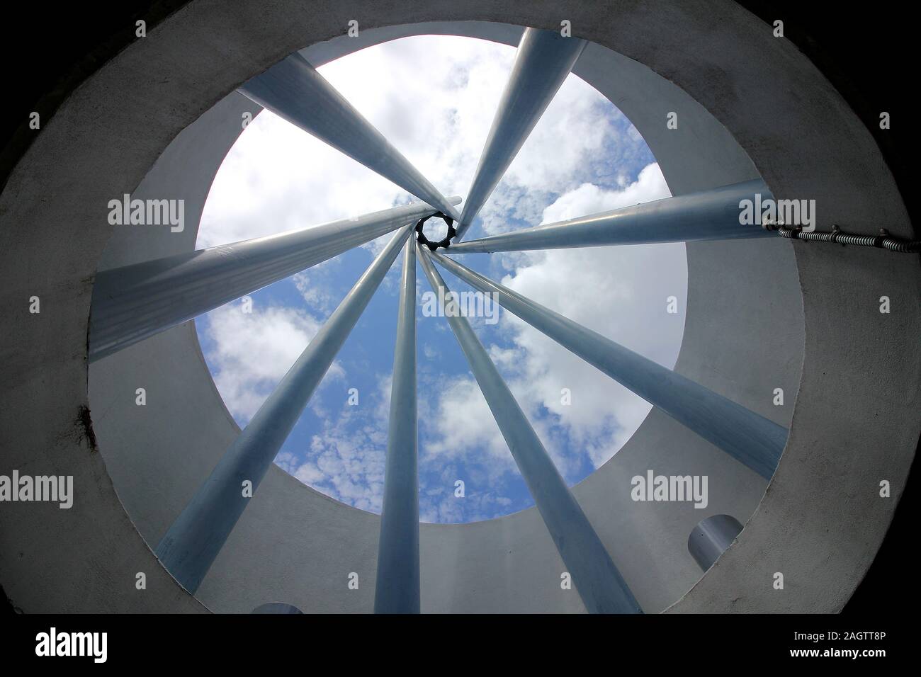the underside looking upwards of the structural pole art at the park ...