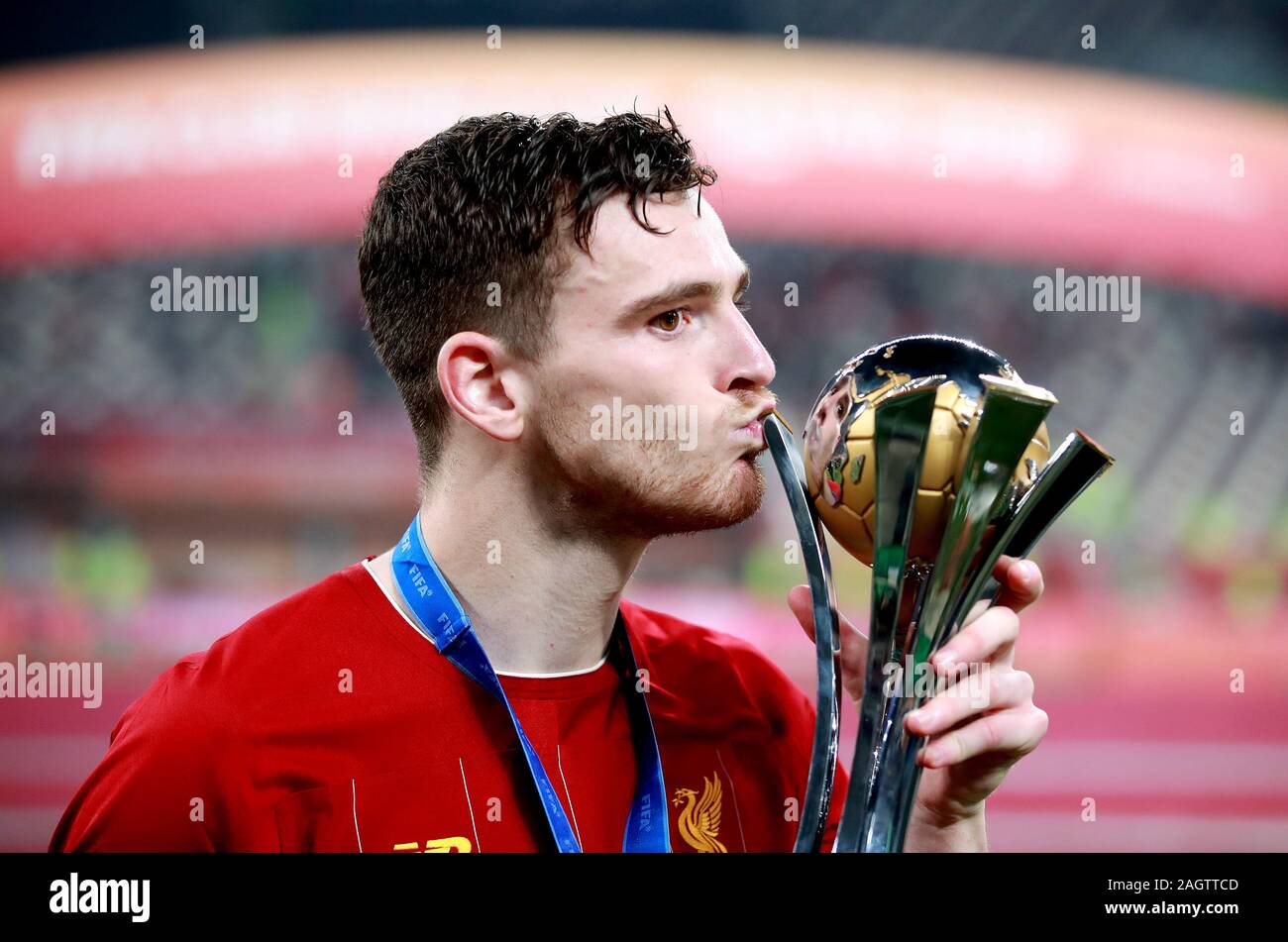 Liverpool's Andrew Robertson celebrates with the trophy during the FIFA ...