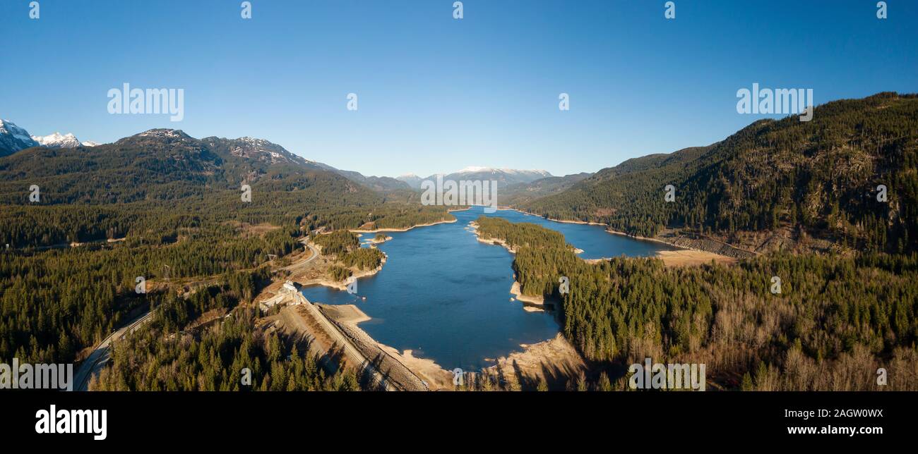Aerial Panoramic View of Daisy Lake during a sunny day in Fall Season ...