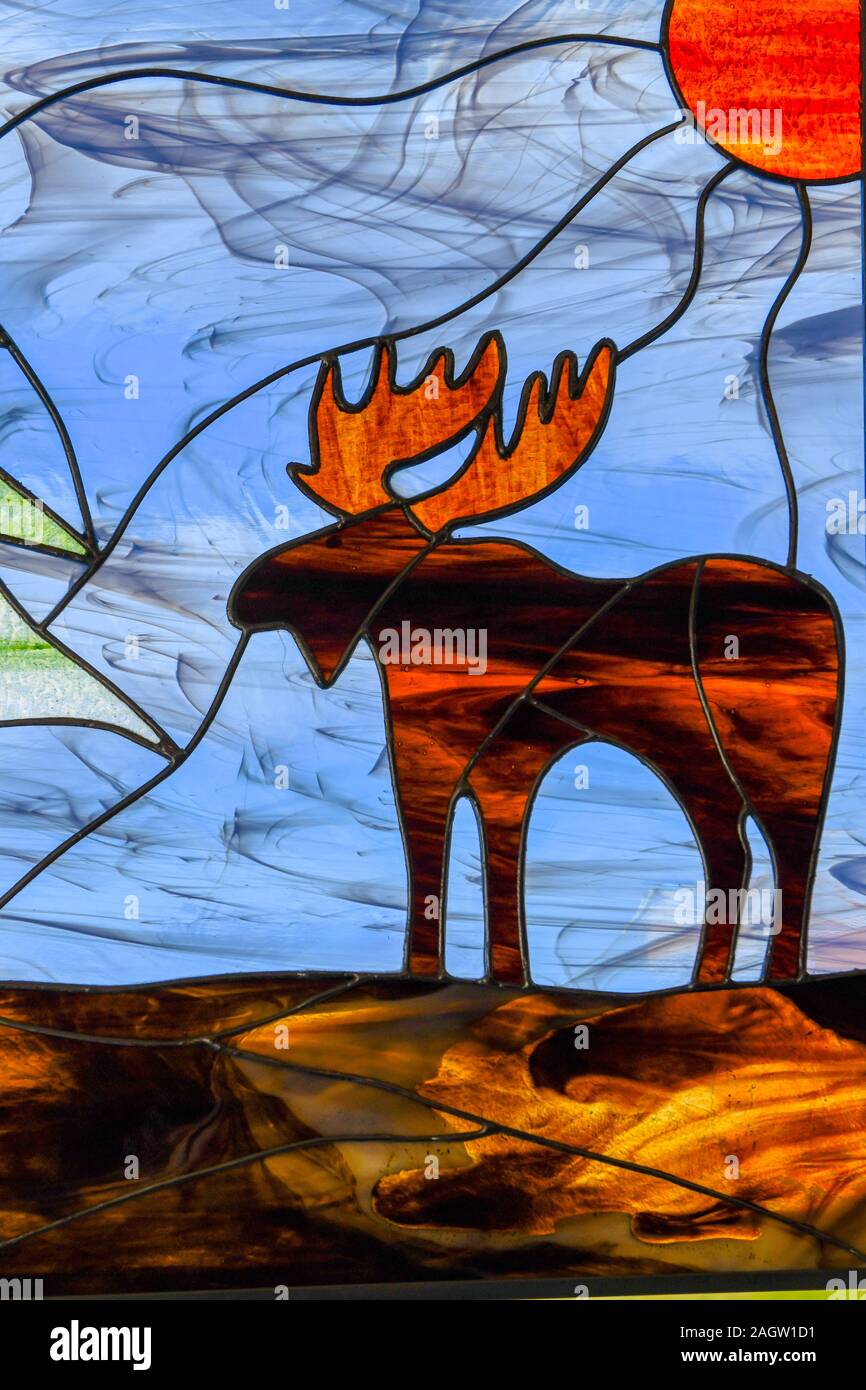Moose artwork on a stained glass, Northern Quebec, Canada Stock Photo ...