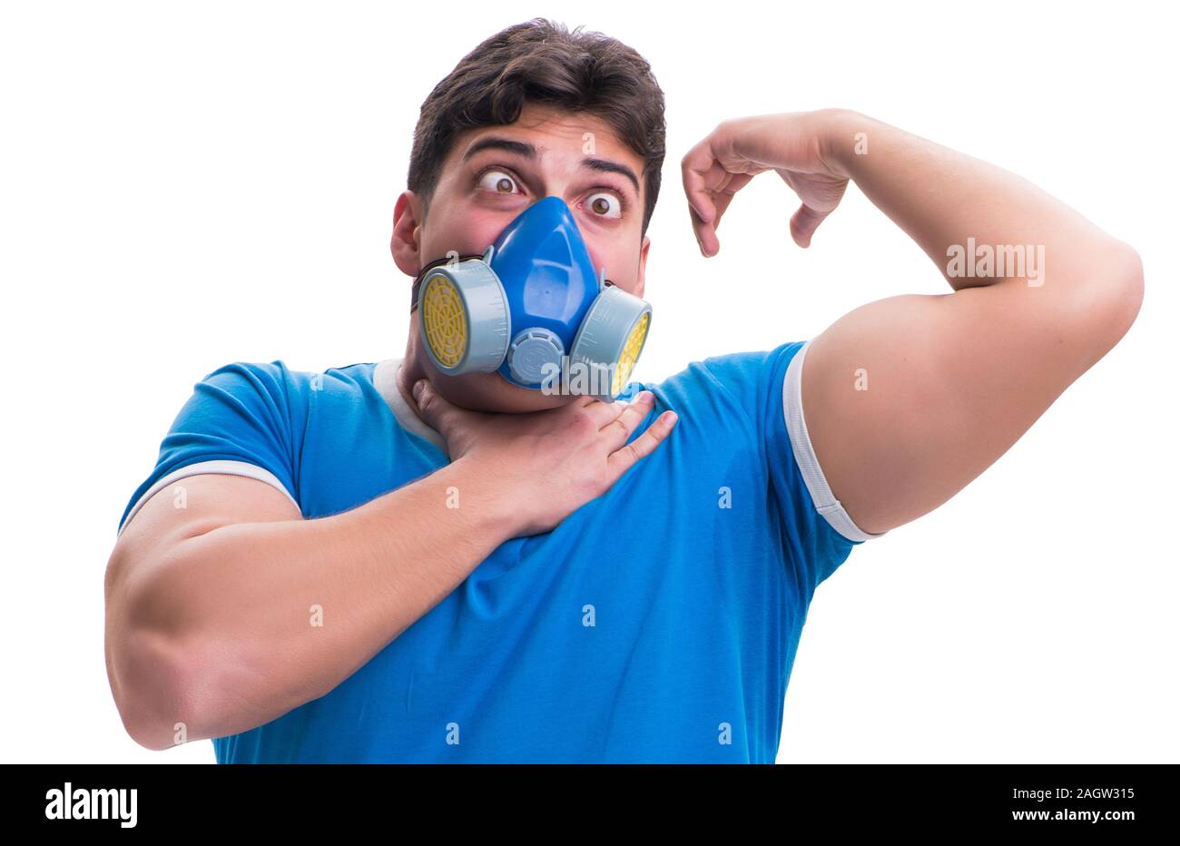 Man sweating excessively smelling bad isolated on white background ...