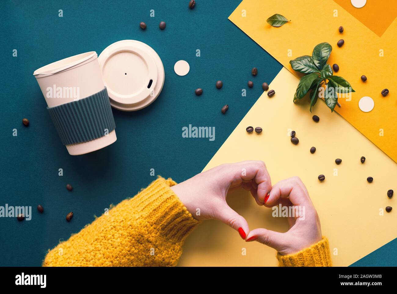 Zero waste coffee concept. Eco friendly reusable coffee cups in hands ...