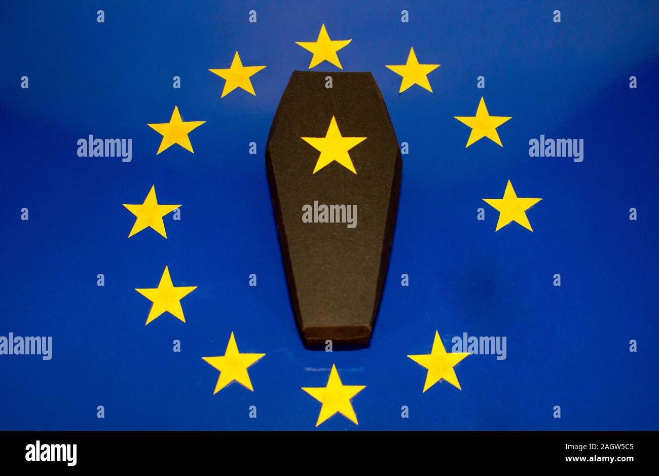 A black coffin on the EU flag to represent the death of the United ...