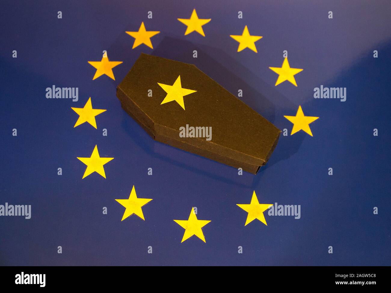 A black coffin on the EU flag to represent the death of the United ...