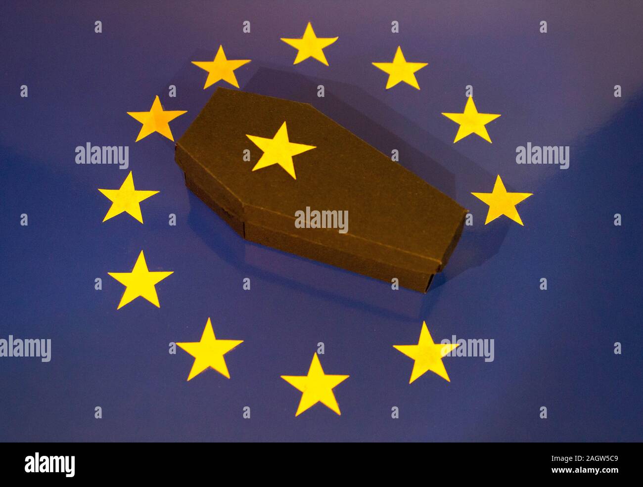 A black coffin on the EU flag to represent the death of the United ...