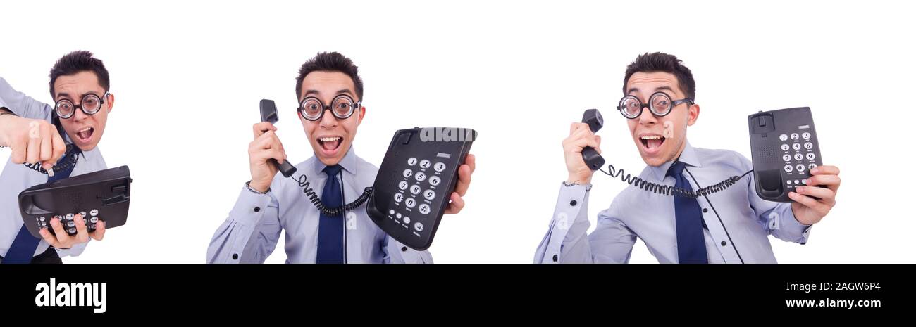 The crazy man with phone on white Stock Photo - Alamy