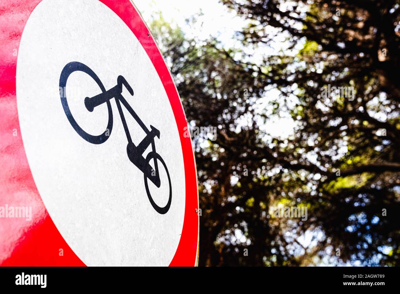 Sign forbidden to ride a bicycle, placed in a forest Stock Photo - Alamy