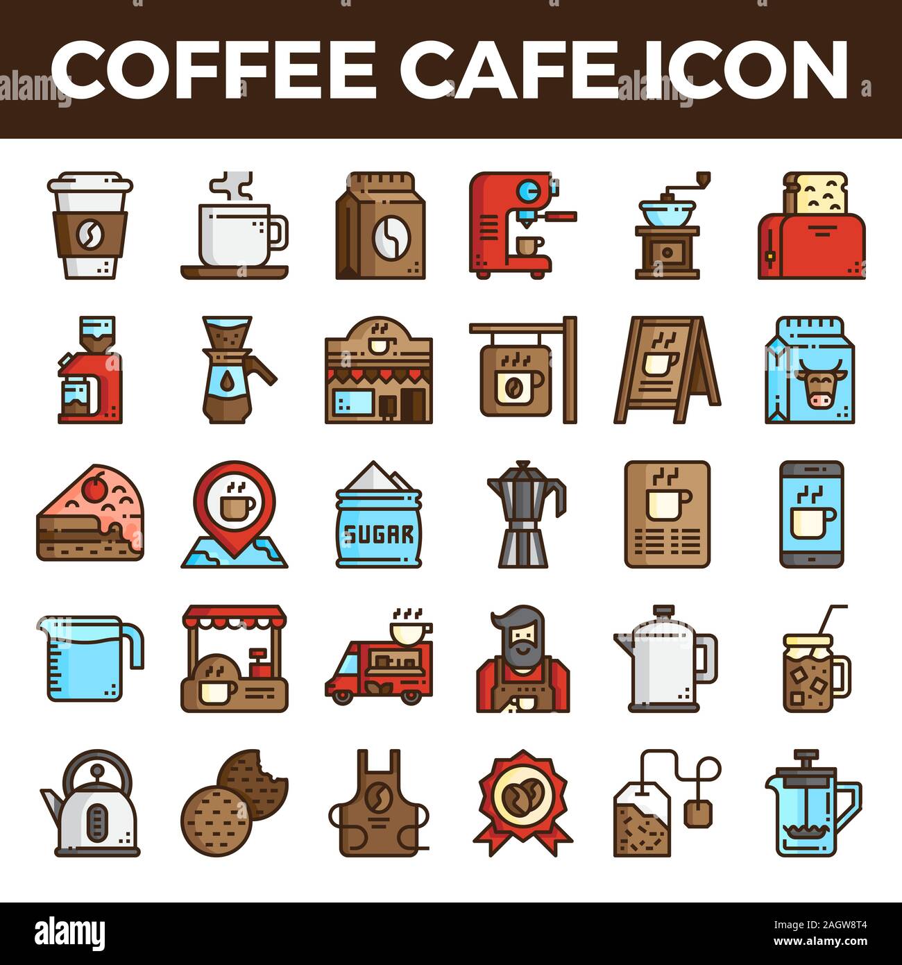 Coffee cafe filled outline icons. Pixel perfect alignment icon. Vector illustration Stock Vector ...