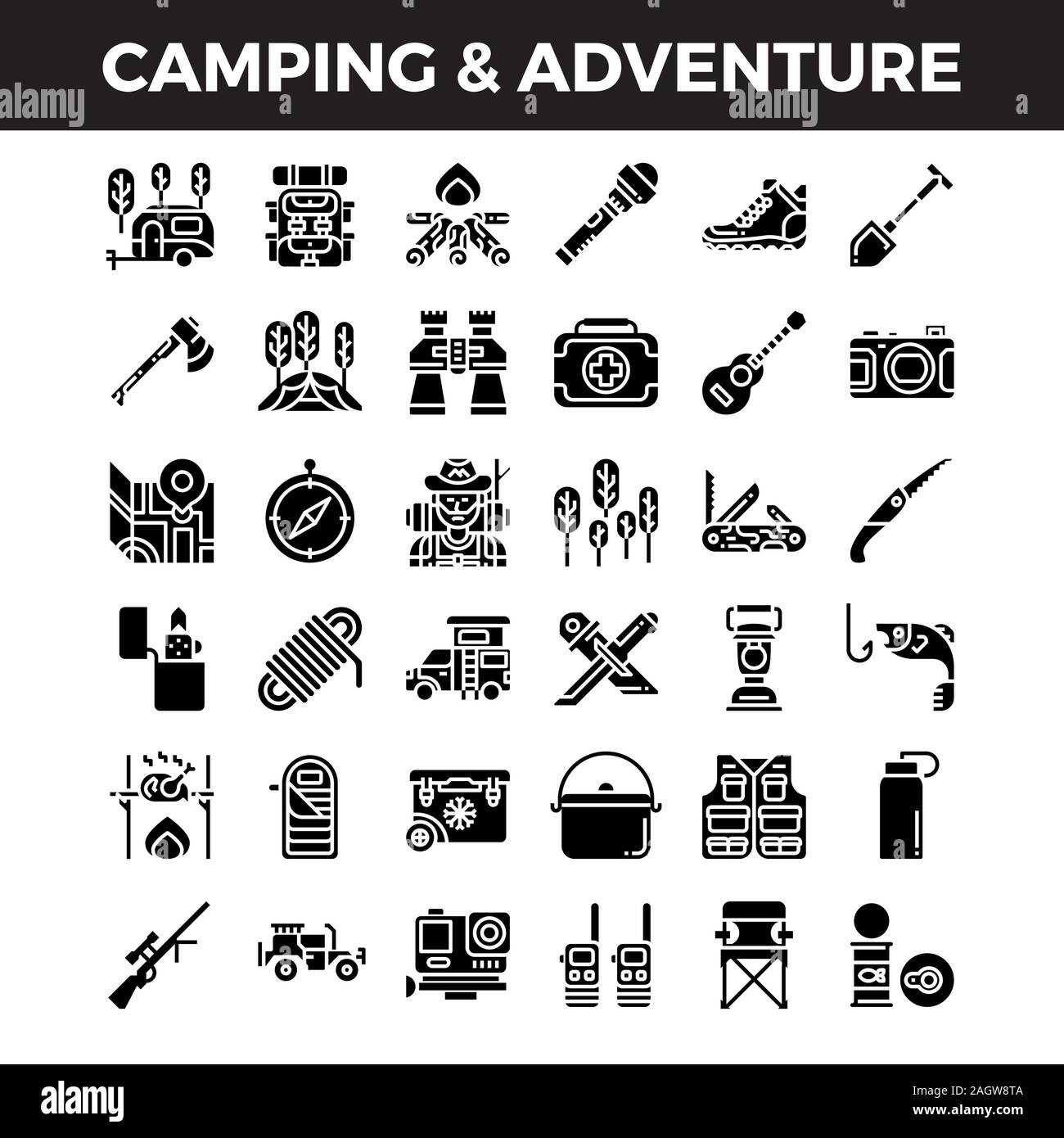 Camping and outdoor adventure solid icons. Pixel perfect icon. Vector ...