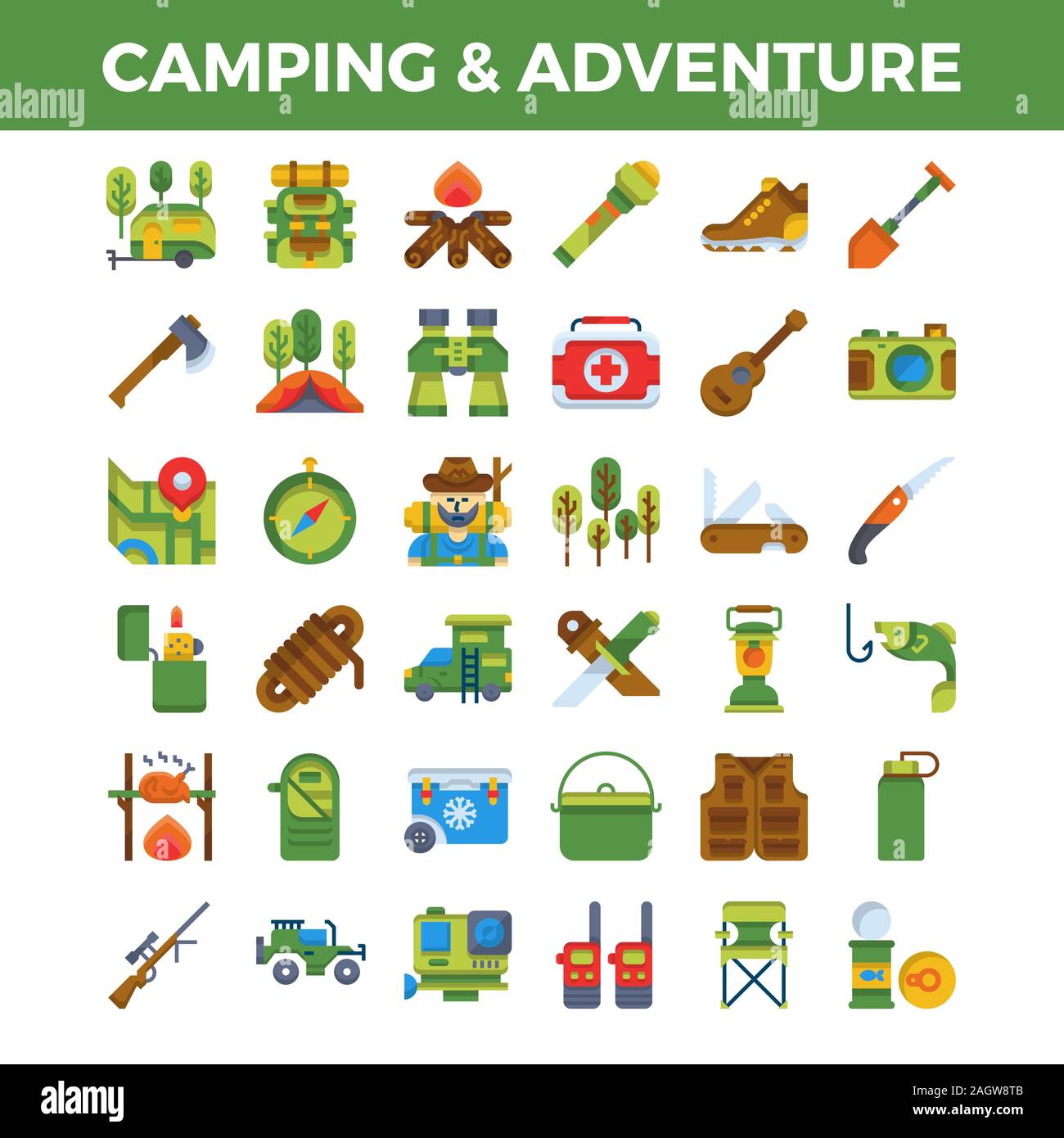 Camping and outdoor adventure flat icons. Pixel perfect icon. Vector ...