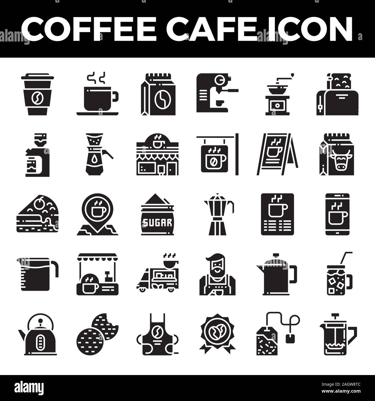 Coffee cafe solid icons. Pixel perfect alignment icon. Vector ...