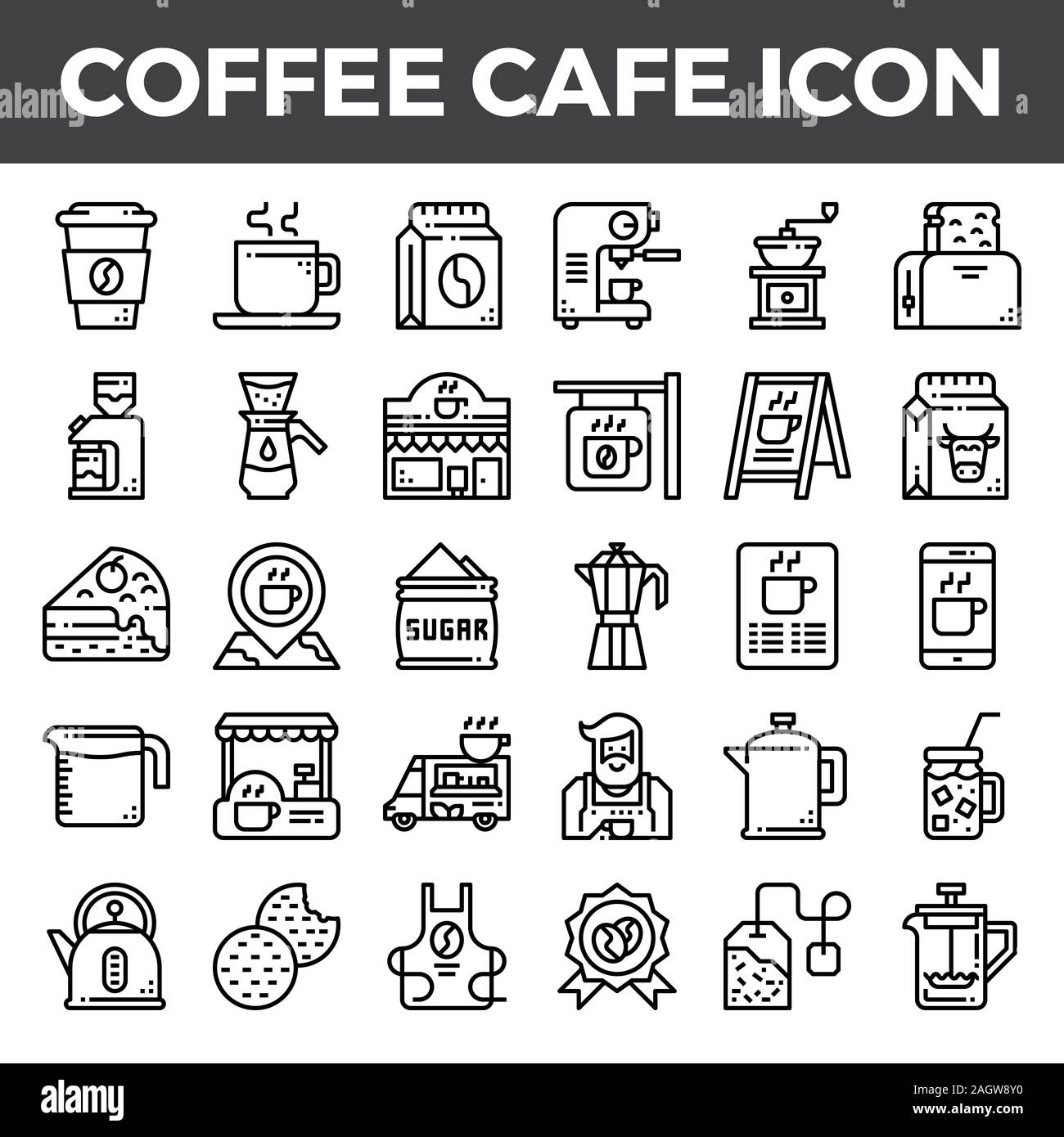 Coffee cafe outline icons. Pixel perfect alignment icon. Vector ...