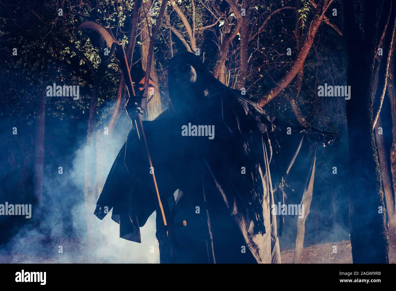 Grim Reaper standing in the fog at night with his scythe Stock Photo ...