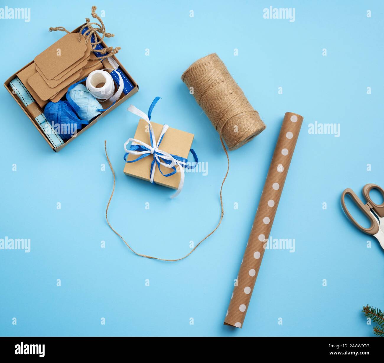square gift box, rope and prize wrapping paper. Flat packaging. Festive ...