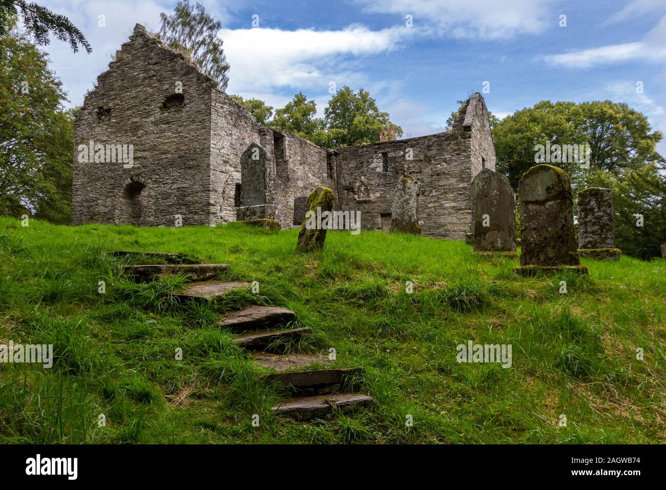 Ruins of St Bride's Kirk on a mound in the grounds of Blair Castle ...